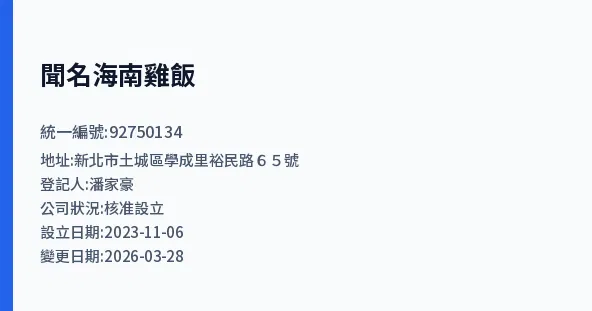 聞名海南雞飯的照片-統編 92750134(新北市) 公司登記資料與營業項目詳細圖表
