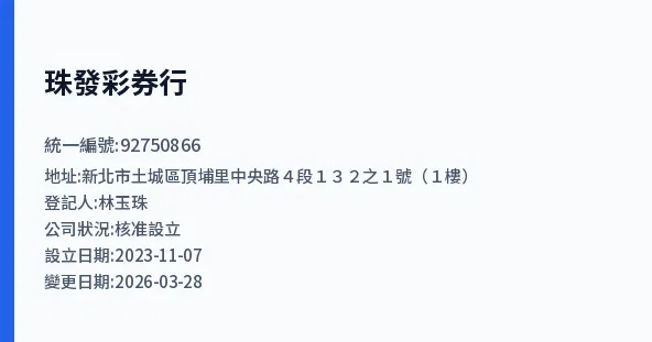 珠發彩券行的照片-統編 92750866(新北市) 公司登記資料與營業項目詳細圖表