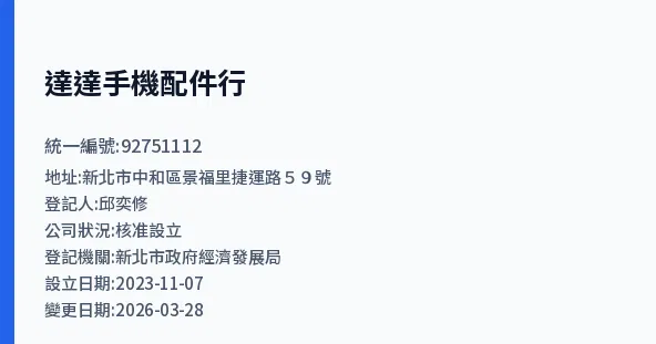 達達手機配件行的照片-統編 92751112(新北市) 公司登記資料與營業項目詳細圖表