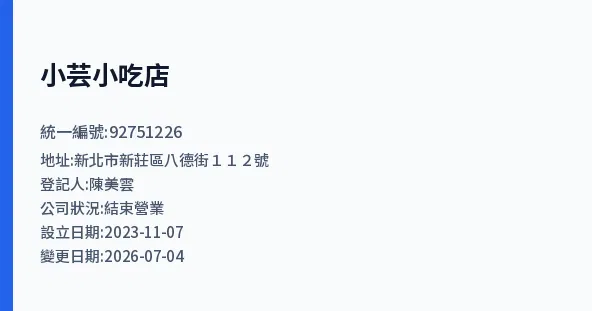小芸小吃店的照片-統編 92751226(新北市) 公司登記資料與營業項目詳細圖表
