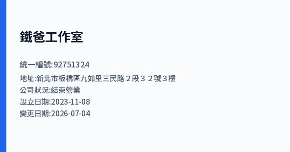 鐵爸工作室的照片-統編 92751324(新北市) 公司登記資料與營業項目詳細圖表