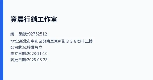 資晨行銷工作室的照片-統編 92752512(新北市) 公司登記資料與營業項目詳細圖表
