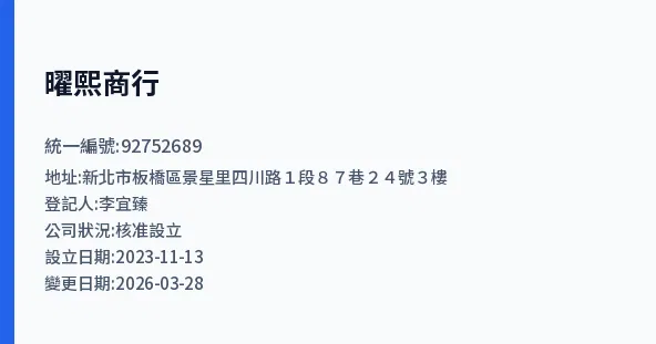 曜熙商行的照片-統編 92752689(新北市) 公司登記資料與營業項目詳細圖表