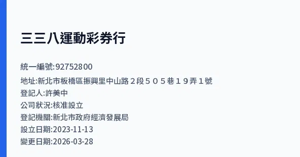 三三八運動彩券行的照片-統編 92752800(新北市) 公司登記資料與營業項目詳細圖表