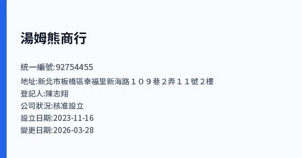 湯姆熊商行的照片-統編 92754455(新北市) 公司登記資料與營業項目詳細圖表