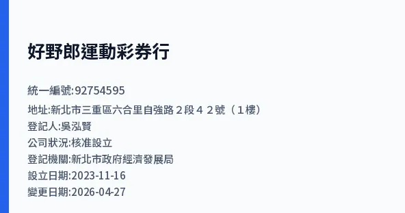 好野郎運動彩券行的照片-統編 92754595(新北市) 公司登記資料與營業項目詳細圖表