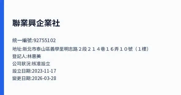 聯業興企業社的照片-統編 92755102(新北市) 公司登記資料與營業項目詳細圖表