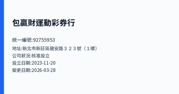 包贏財運動彩券行的照片-統編 92755953(新北市) 公司登記資料與營業項目詳細圖表