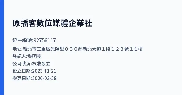 原播客數位媒體企業社的照片-統編 92756117(新北市) 公司登記資料與營業項目詳細圖表