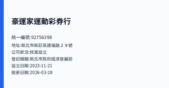 豪運家運動彩券行的照片-統編 92756398(新北市) 公司登記資料與營業項目詳細圖表