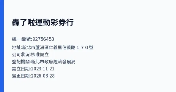 轟了啦運動彩券行的照片-統編 92756453(新北市) 公司登記資料與營業項目詳細圖表