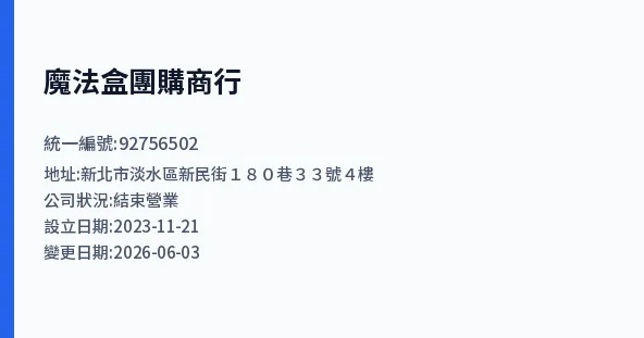 魔法盒團購商行的照片-統編 92756502(新北市) 公司登記資料與營業項目詳細圖表