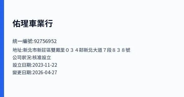 佑瑆車業行的照片-統編 92756952(新北市) 公司登記資料與營業項目詳細圖表