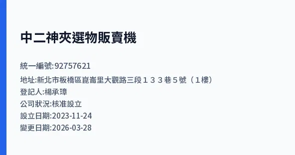 中二神夾選物販賣機的照片-統編 92757621(新北市) 公司登記資料與營業項目詳細圖表