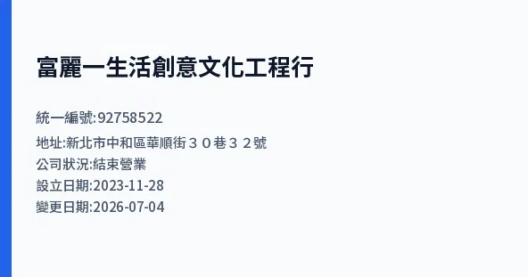 富麗一生活創意文化工程行的照片-統編 92758522(新北市) 公司登記資料與營業項目詳細圖表