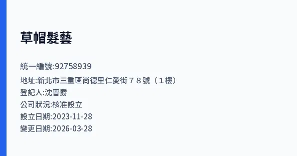 草帽髮藝的照片-統編 92758939(新北市) 公司登記資料與營業項目詳細圖表