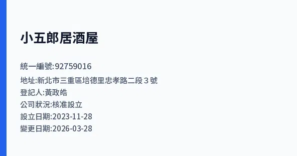 小五郎居酒屋的照片-統編 92759016(新北市) 公司登記資料與營業項目詳細圖表