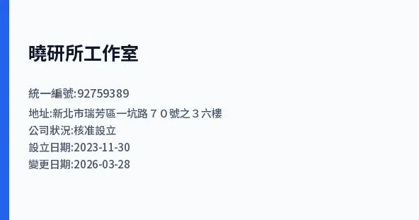 曉研所工作室的照片-統編 92759389(新北市) 公司登記資料與營業項目詳細圖表