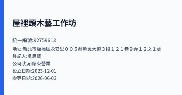 屋裡頭木藝工作坊的照片-統編 92759613(新北市) 公司登記資料與營業項目詳細圖表
