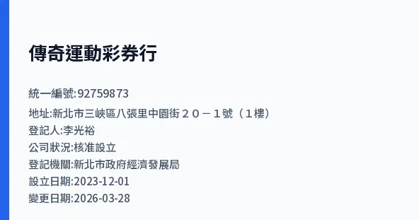 傳奇運動彩券行的照片-統編 92759873(新北市) 公司登記資料與營業項目詳細圖表