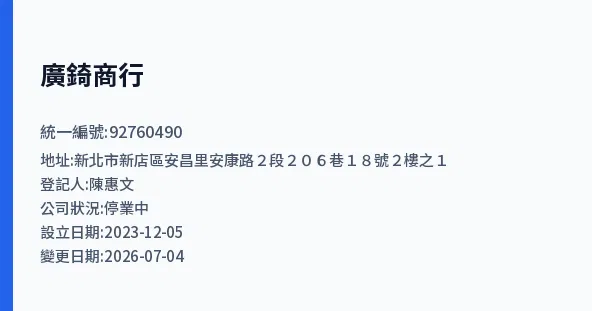 廣錡商行的照片-統編 92760490(新北市) 公司登記資料與營業項目詳細圖表