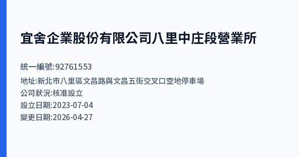 宜舍企業股份有限公司八里中庄段營業所的照片-統編 92761553(新北市) 公司登記資料與營業項目詳細圖表