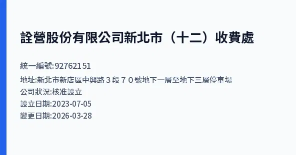 詮營股份有限公司新北市(十二)收費處的照片-統編 92762151(新北市) 公司登記資料與營業項目詳細圖表