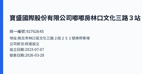 寶盛國際股份有限公司嘟嘟房林口文化三路3站的照片-統編 92762645(新北市) 公司登記資料與營業項目詳細圖表