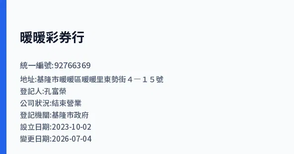 暖暖彩券行的照片-統編 92766369(基隆市) 公司登記資料與營業項目詳細圖表