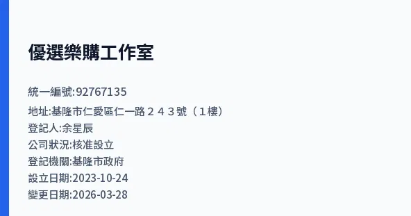 優選樂購工作室的照片-統編 92767135(基隆市) 公司登記資料與營業項目詳細圖表
