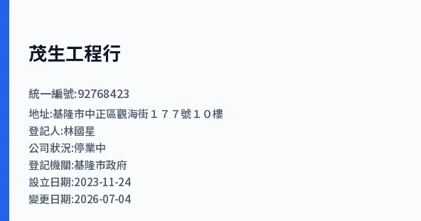 茂生工程行的照片-統編 92768423(基隆市) 公司登記資料與營業項目詳細圖表
