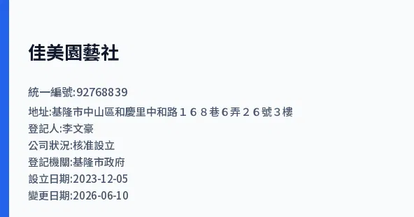 佳美園藝社的照片-統編 92768839(基隆市) 公司登記資料與營業項目詳細圖表
