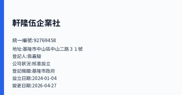 軒隆伍企業社的照片-統編 92769458(基隆市) 公司登記資料與營業項目詳細圖表