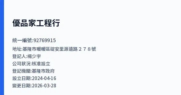 優品家工程行的照片-統編 92769915(基隆市) 公司登記資料與營業項目詳細圖表