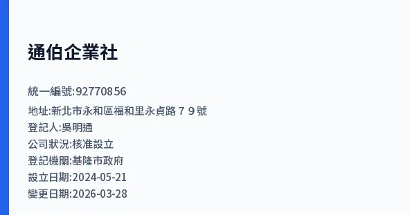 通伯企業社的照片-統編 92770856(新北市) 公司登記資料與營業項目詳細圖表