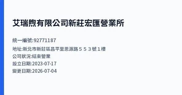 艾瑞煦有限公司新莊宏匯營業所的照片-統編 92771187(新北市) 公司登記資料與營業項目詳細圖表