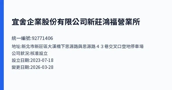 宜舍企業股份有限公司新莊鴻福營業所的照片-統編 92771406(新北市) 公司登記資料與營業項目詳細圖表