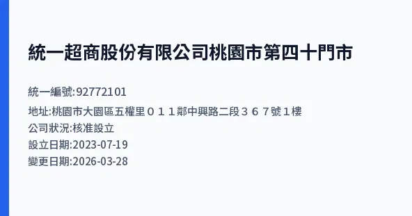 統一超商股份有限公司桃園市第四十門市的照片-統編 92772101(桃園市) 公司登記資料與營業項目詳細圖表