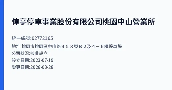 俥亭停車事業股份有限公司桃園中山營業所的照片-統編 92772165(桃園市) 公司登記資料與營業項目詳細圖表