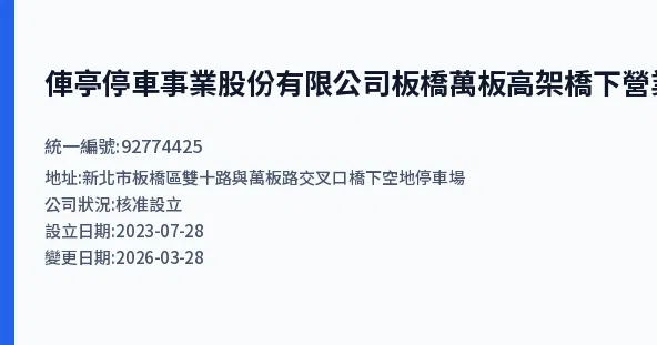 俥亭停車事業股份有限公司板橋萬板高架橋下營業所的照片-統編 92774425(新北市) 公司登記資料與營業項目詳細圖表