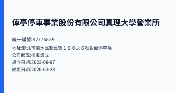 俥亭停車事業股份有限公司真理大學營業所的照片-統編 92776839(新北市) 公司登記資料與營業項目詳細圖表
