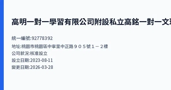 高明一對一學習有限公司附設私立高銘一對一文理短期補習班慈文分班的照片-統編 92778392(桃園市) 公司登記資料與營業項目詳細圖表