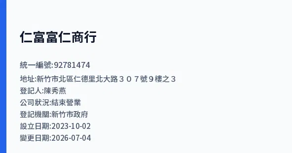 仁富富仁商行的照片-統編 92781474(新竹市) 公司登記資料與營業項目詳細圖表