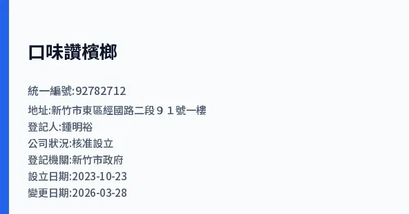口味讚檳榔的照片-統編 92782712(新竹市) 公司登記資料與營業項目詳細圖表