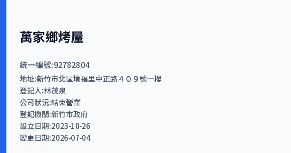 萬家鄉烤屋的照片-統編 92782804(新竹市) 公司登記資料與營業項目詳細圖表