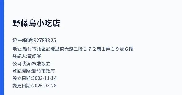 野藤島小吃店的照片-統編 92783825(新竹市) 公司登記資料與營業項目詳細圖表