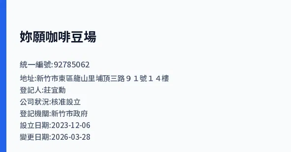 妳願咖啡豆場的照片-統編 92785062(新竹市) 公司登記資料與營業項目詳細圖表