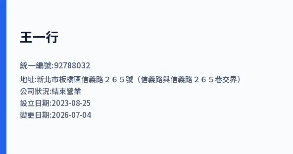王一行的照片-統編 92788032(新北市) 公司登記資料與營業項目詳細圖表