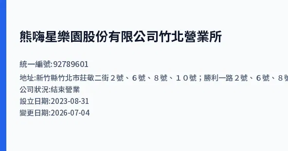 熊嗨星樂園股份有限公司竹北營業所的照片-統編 92789601(新竹縣) 公司登記資料與營業項目詳細圖表