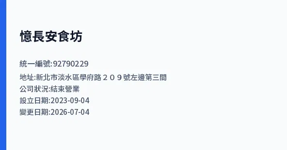憶長安食坊的照片-統編 92790229(新北市) 公司登記資料與營業項目詳細圖表